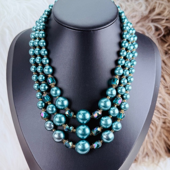 Jewelry | Vintage Japan Blue Faux Pearl 3 Strand Necklace | Poshmark